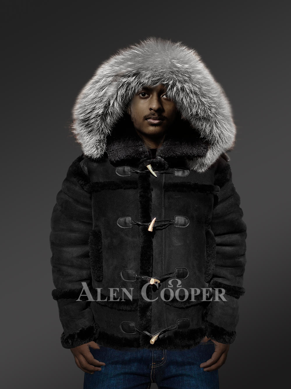 Chic shearling jacket with authentic fur hood for men 3