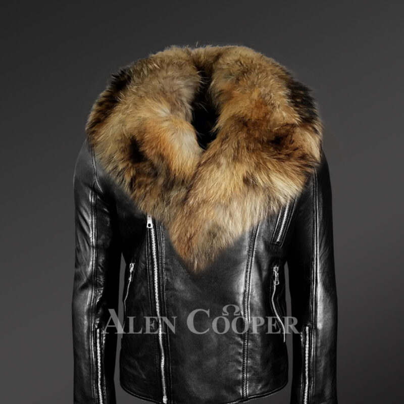 Home MEN LEATHER WITH FUR MENS BIKER JACKET WITH DETACHABLE RACCOON FUR ...
