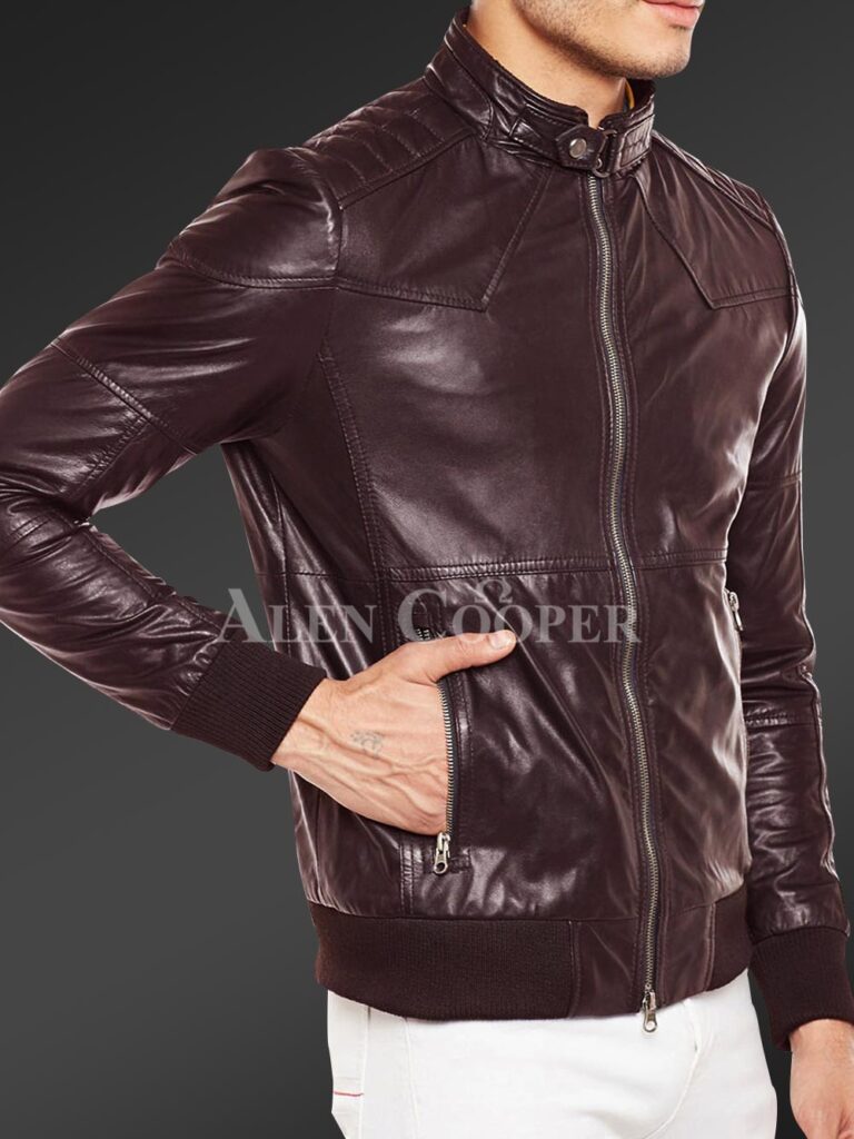 Soft solid and straight real leather winter jacket for men