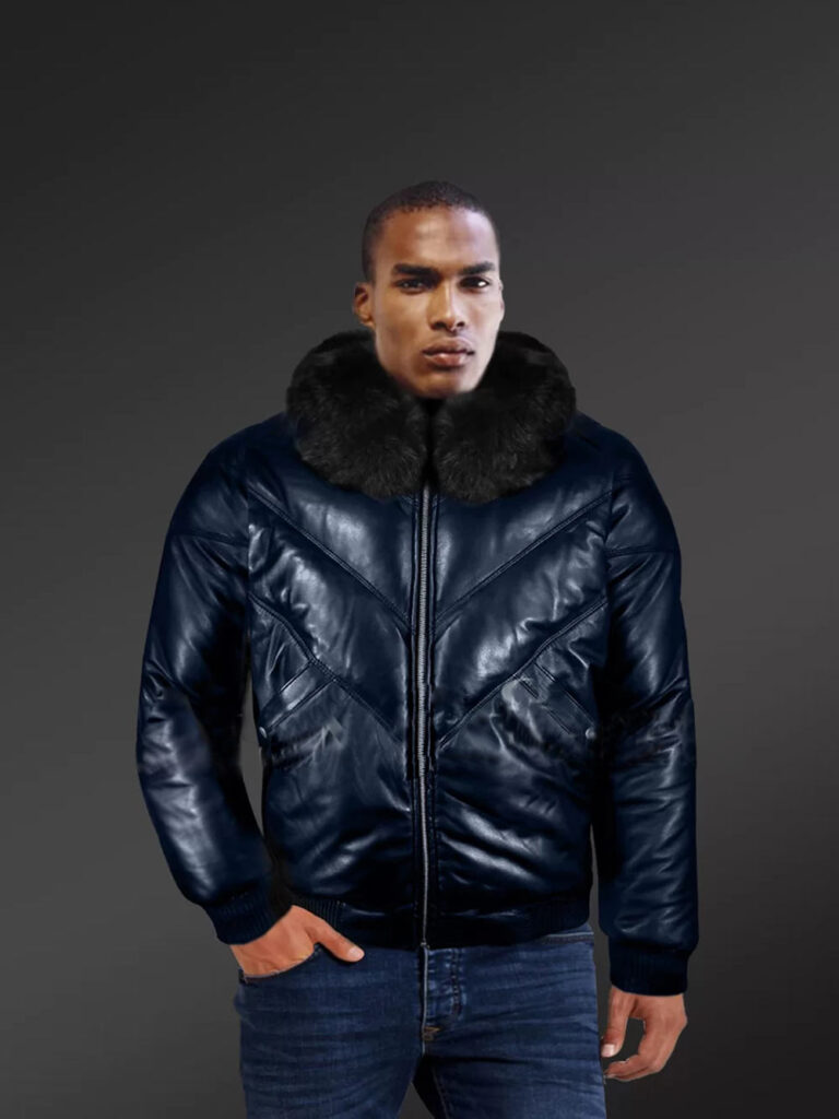 Real Leather V-Bomber Jacket with Blue Frost Fox Fur Collar
