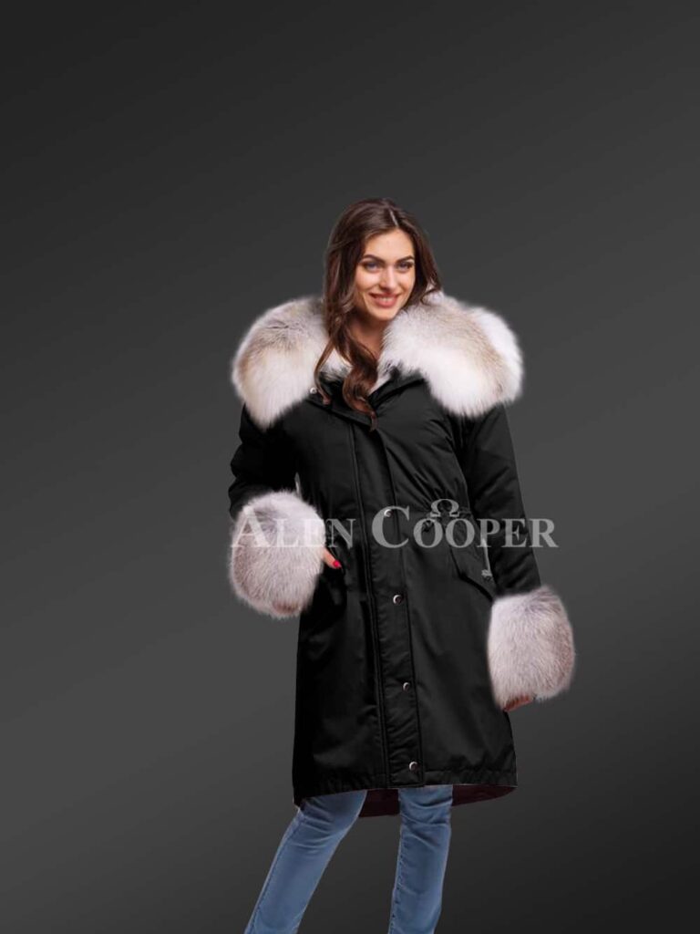 Blue Frost Fox Fur Hybrid Black Parka Convertibles With Fox Liner