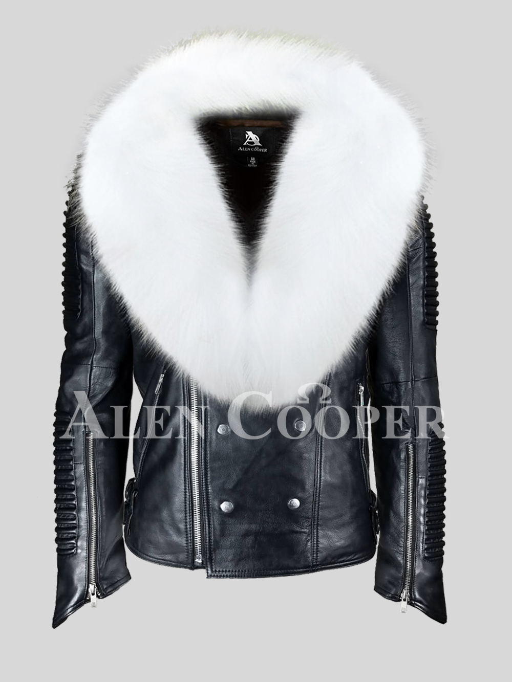 Black Real Leather Winter Biker Jacket with White Fox Fur Collar