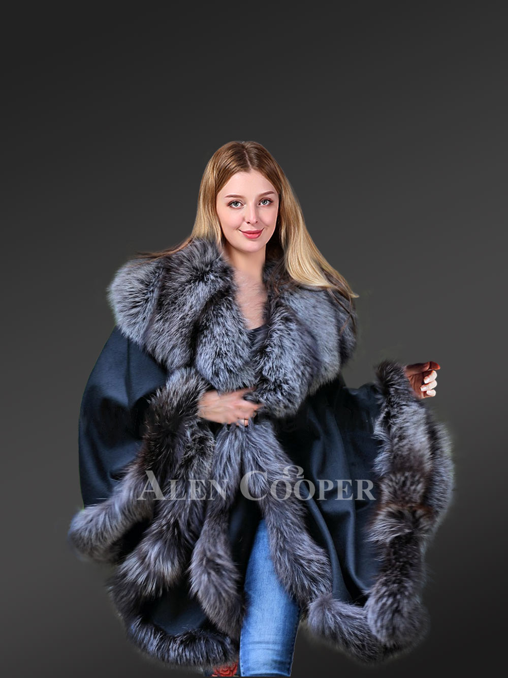 Leather Fur Cape with Silver Fox Fur Trims