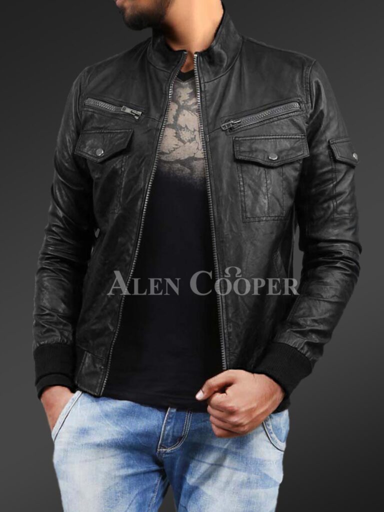Slim fit pure n smooth real leather jacket with double faced shearling ...