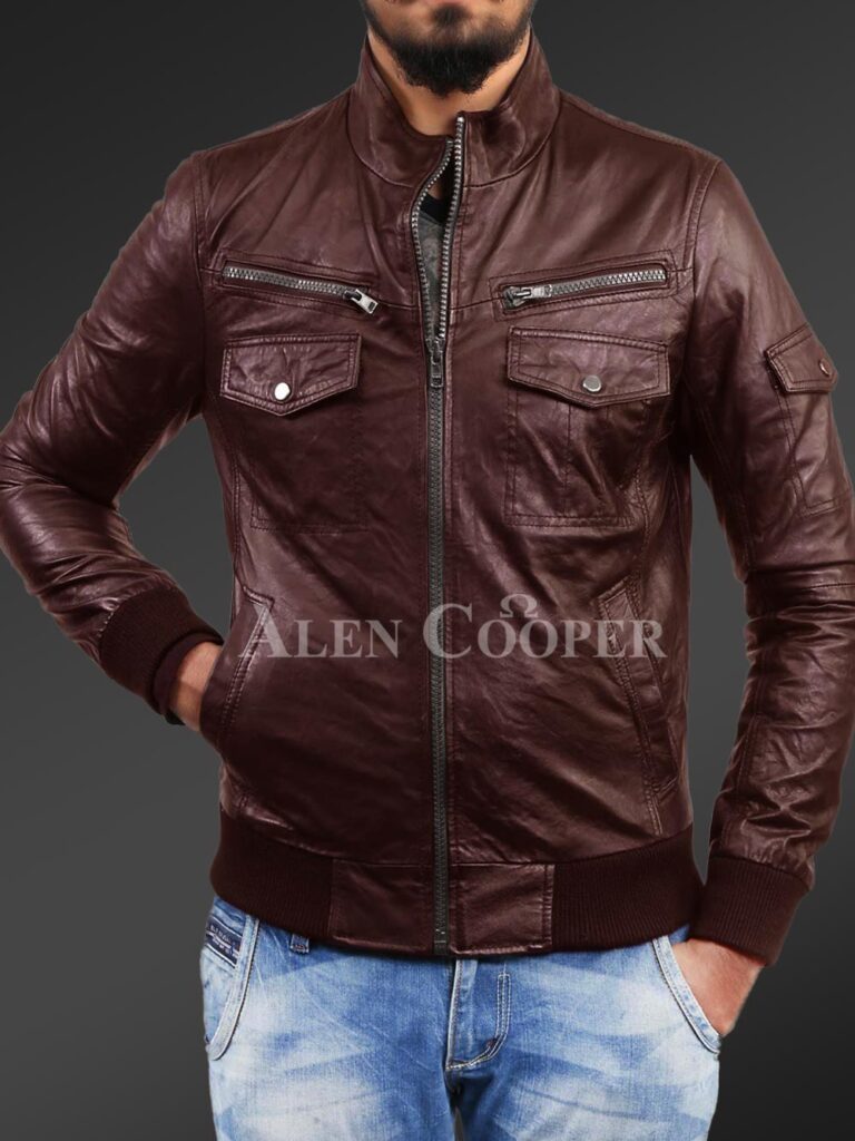 Slim fit pure n smooth real leather jacket with double faced shearling ...