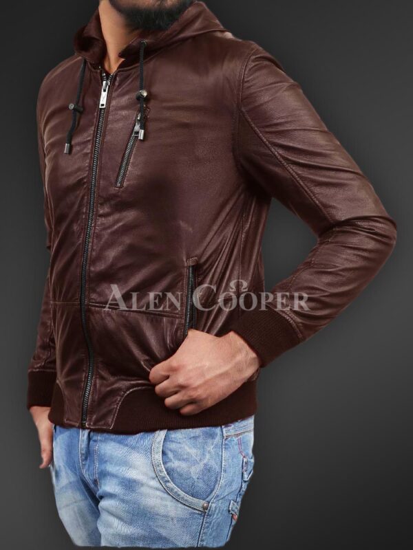 Soft and smooth textured affordable real leather hooded jacket