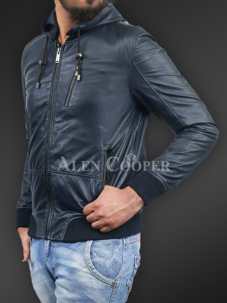 Soft and smooth textured affordable real leather hooded jacket