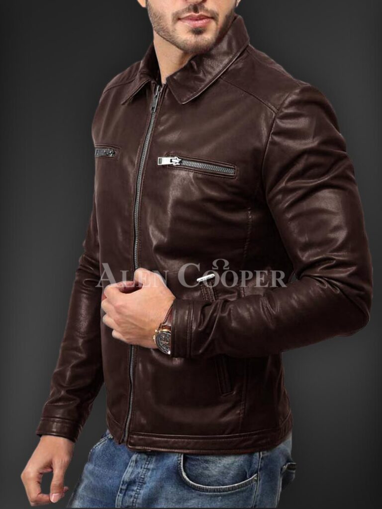 Soft solid and straight real leather winter jacket for men