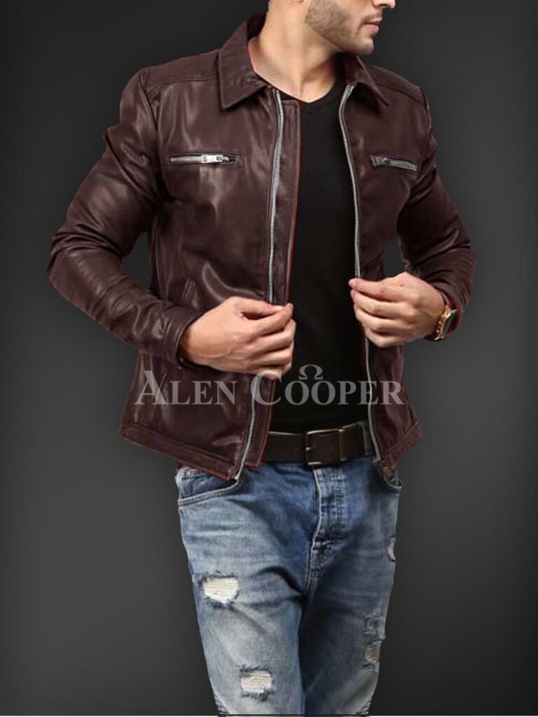 Soft solid and straight real leather winter jacket for men
