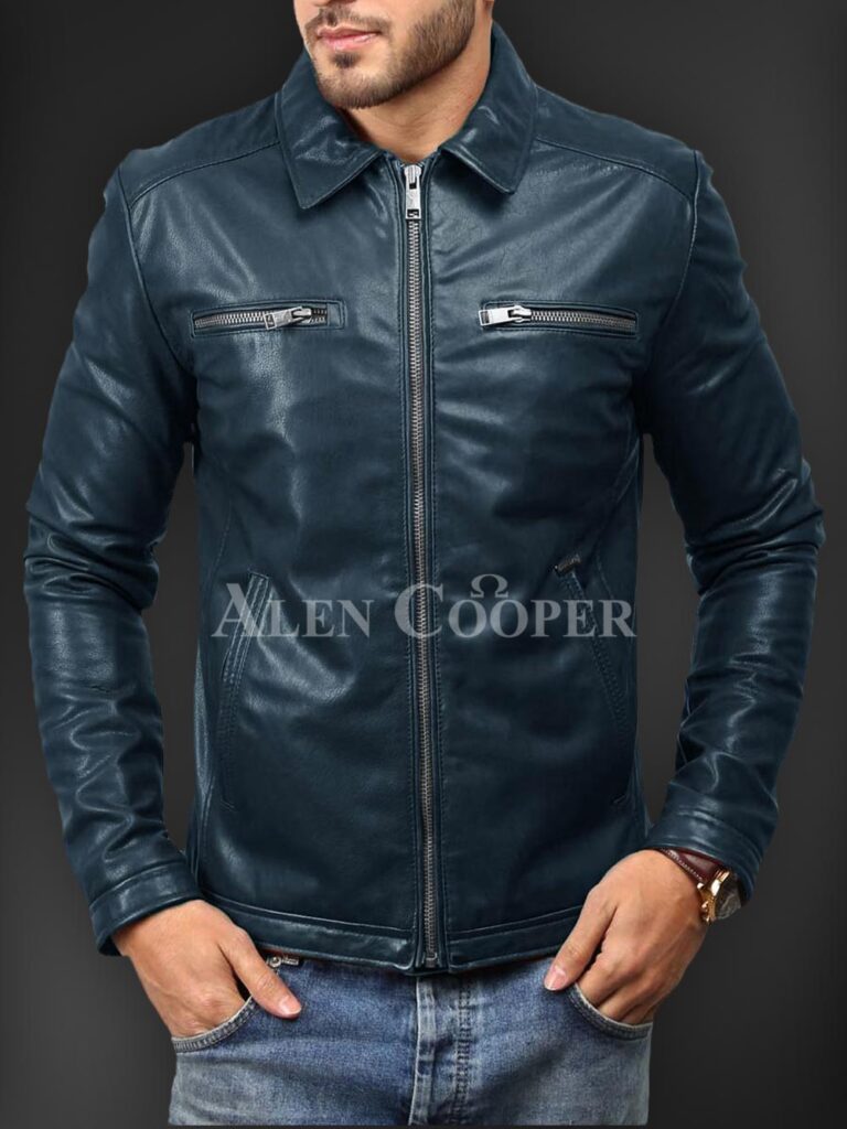 Soft solid and straight real leather winter jacket for men