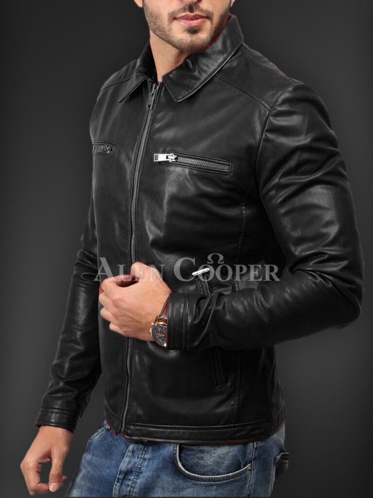 Soft solid and straight real leather winter jacket for men