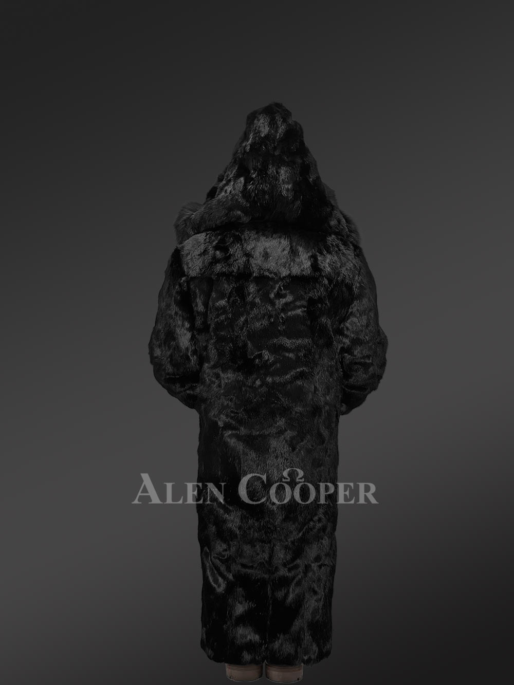 Full Length Black Rabbit Fur Coat with a Hood