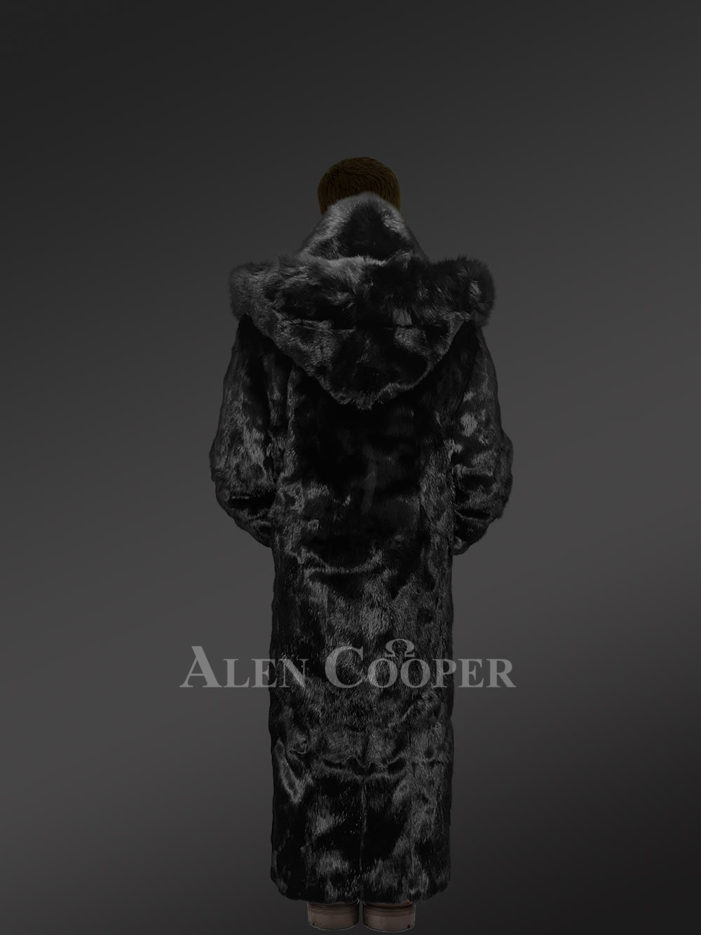 Full Length Black Rabbit Fur Coat with a Hood