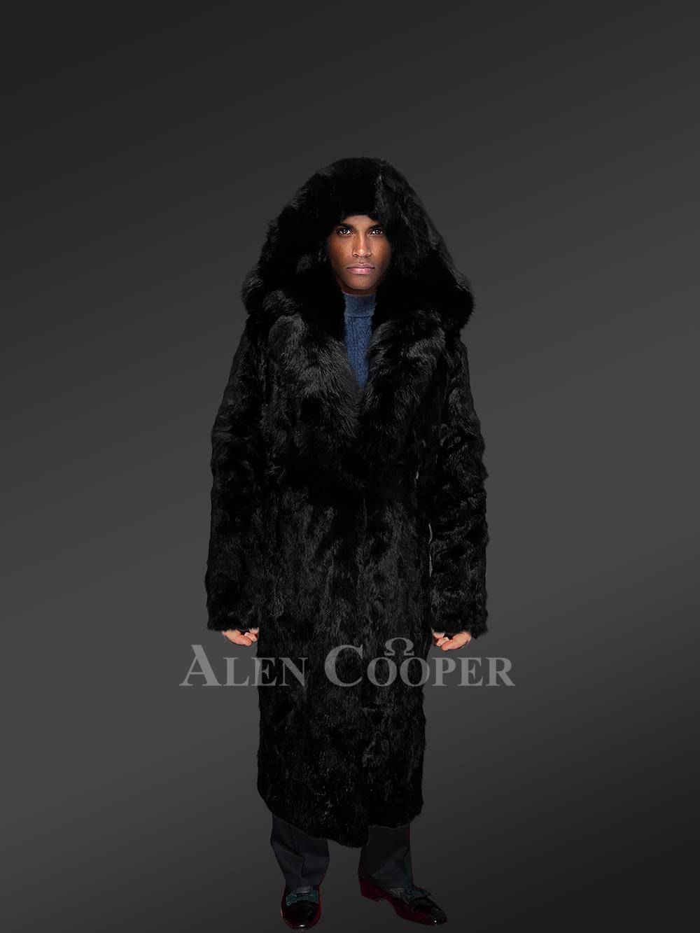 Full Length Black Rabbit Fur Coat with a Hood