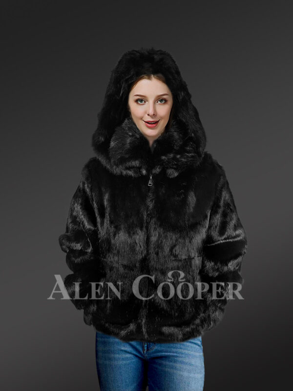 Rabbit Fur Bomber Jacket in Black